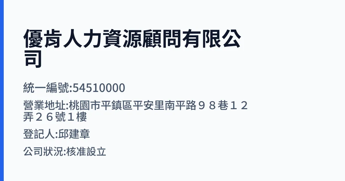 優肯人力資源顧問有限公司 - 統編 54510000(桃園市) 公司登記資料與營業項目詳細圖表