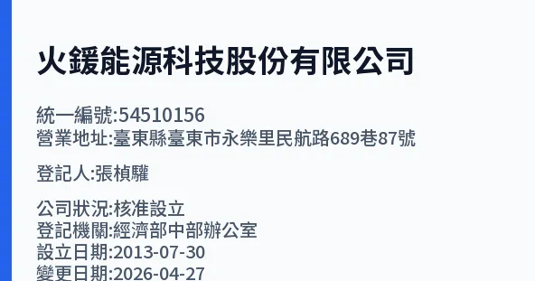火鍰能源科技股份有限公司的照片-統編 54510156(臺東縣) 公司登記資料與營業項目詳細圖表
