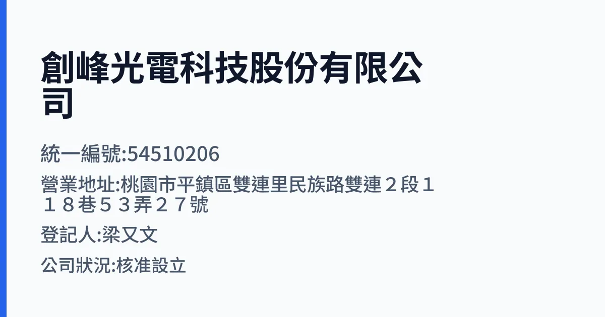 創峰光電科技股份有限公司 - 統編 54510206(桃園市) 公司登記資料與營業項目詳細圖表