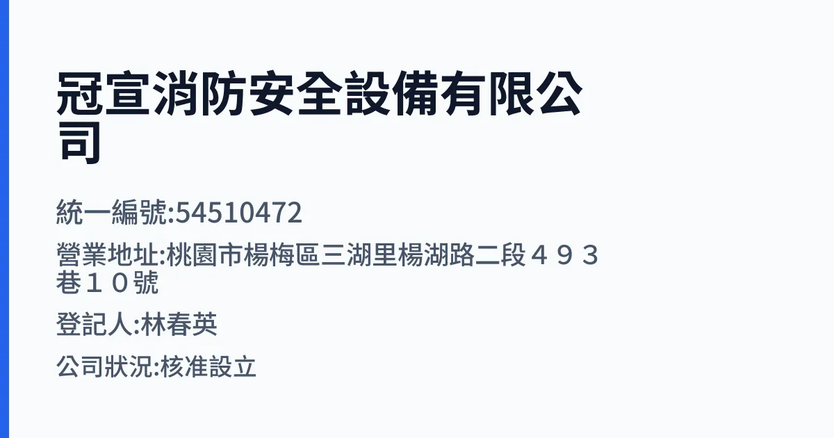 冠宣消防安全設備有限公司 - 統編 54510472(桃園市) 公司登記資料與營業項目詳細圖表