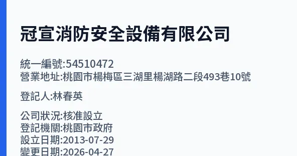 冠宣消防安全設備有限公司的照片-統編 54510472(桃園市) 公司登記資料與營業項目詳細圖表