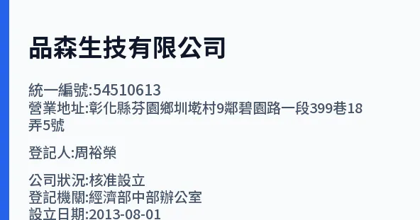 品森生技有限公司的照片-統編 54510613(彰化縣) 公司登記資料與營業項目詳細圖表