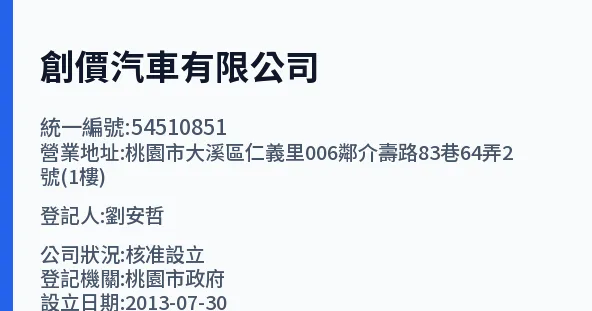 創價汽車有限公司的照片-統編 54510851(桃園市) 公司登記資料與營業項目詳細圖表