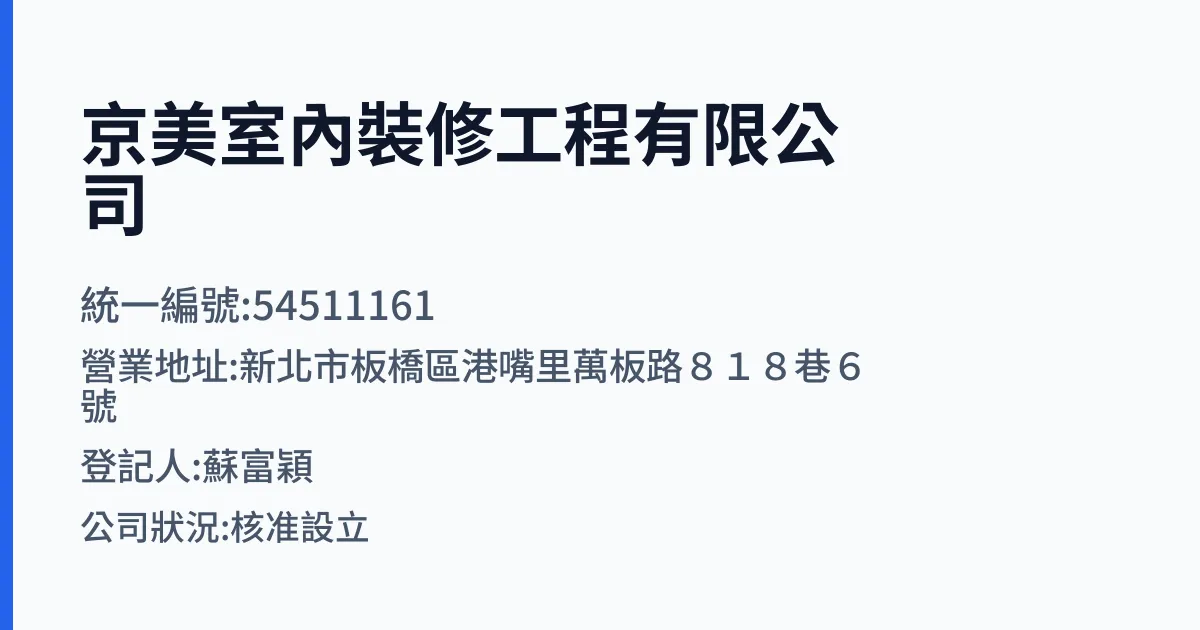京美室內裝修工程有限公司 - 統編 54511161(新北市) 公司登記資料與營業項目詳細圖表