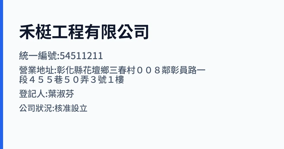 禾梃工程有限公司 - 統編 54511211(彰化縣) 公司登記資料與營業項目詳細圖表
