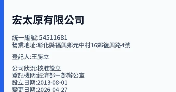 宏太原有限公司的照片-統編 54511681(彰化縣) 公司登記資料與營業項目詳細圖表
