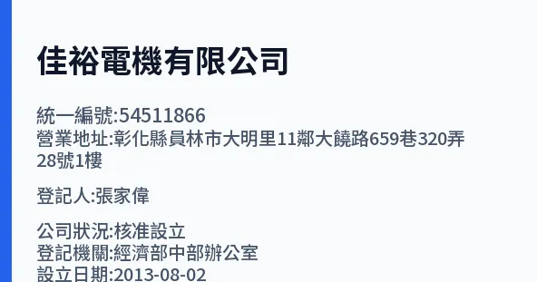 佳裕電機有限公司的照片-統編 54511866(彰化縣) 公司登記資料與營業項目詳細圖表