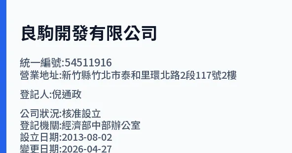 良駒開發有限公司的照片-統編 54511916(新竹縣) 公司登記資料與營業項目詳細圖表