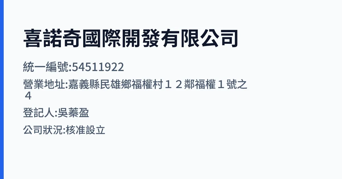 喜諾奇國際開發有限公司 - 統編 54511922（嘉義縣） 公司登記資料與營業項目詳細圖表