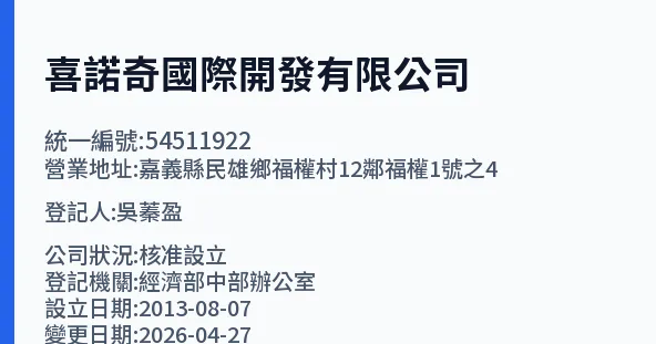 喜諾奇國際開發有限公司的照片-統編 54511922(嘉義縣) 公司登記資料與營業項目詳細圖表