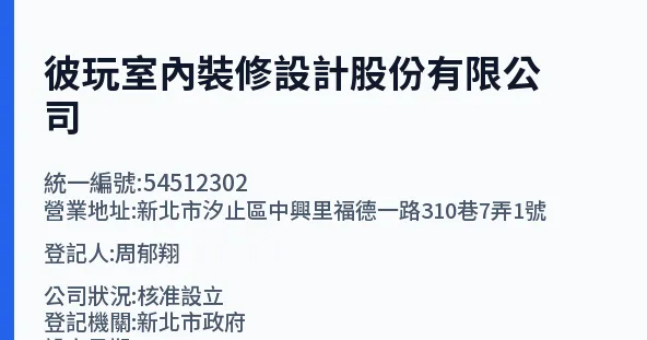 彼玩室內裝修設計股份有限公司的照片-統編 54512302(新北市) 公司登記資料與營業項目詳細圖表