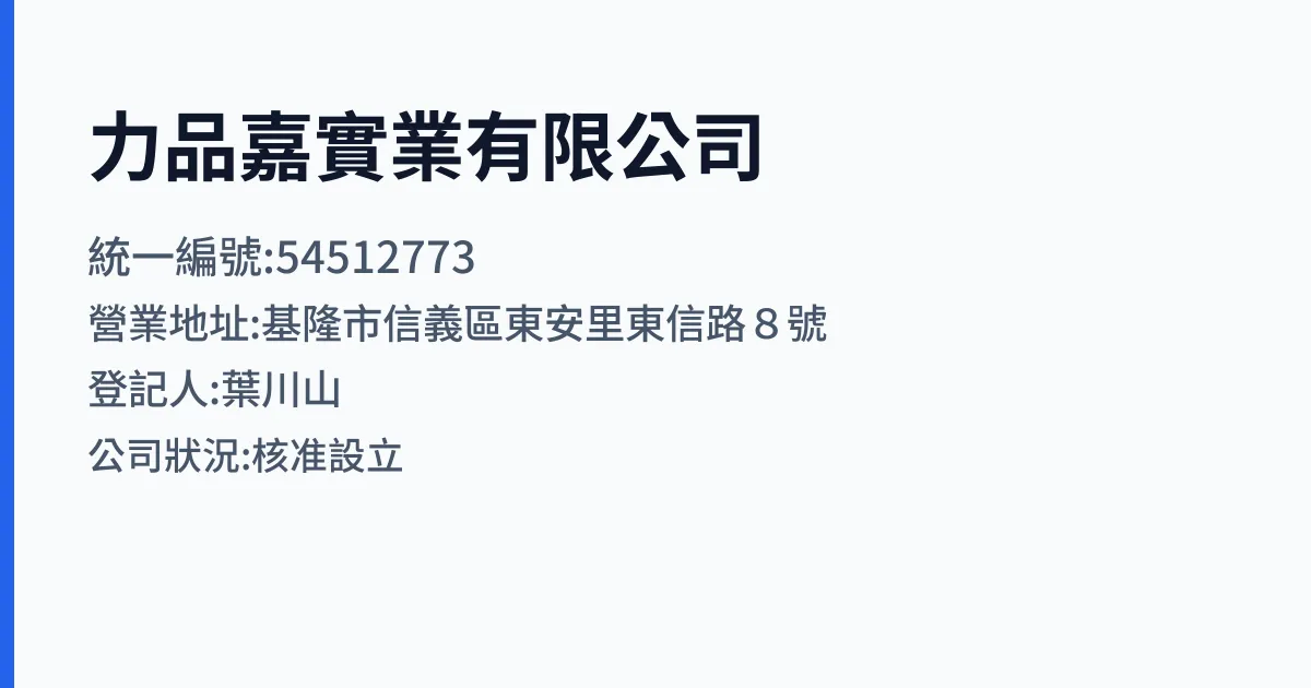 力品嘉實業有限公司 - 統編 54512773(基隆市) 公司登記資料與營業項目詳細圖表