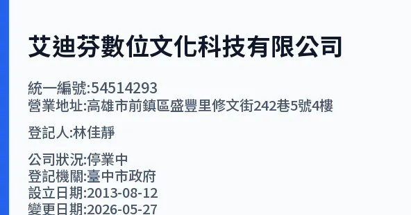艾迪芬數位文化科技有限公司的照片-統編 54514293(高雄市) 公司登記資料與營業項目詳細圖表