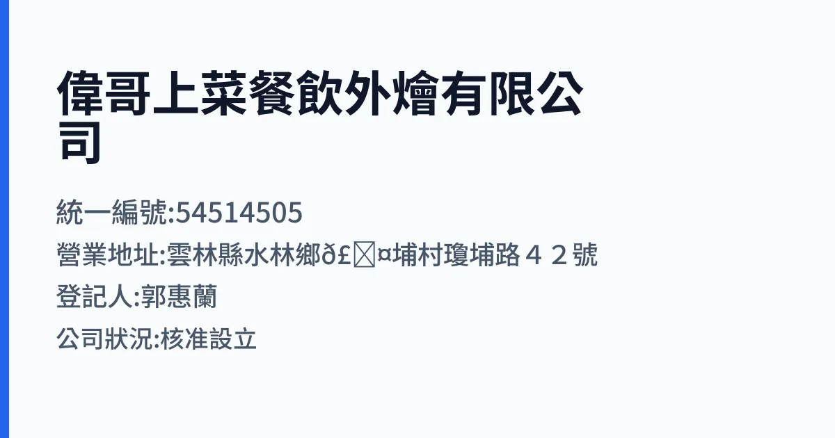 偉哥上菜餐飲外燴有限公司 - 統編 54514505(雲林縣) 公司登記資料與營業項目詳細圖表