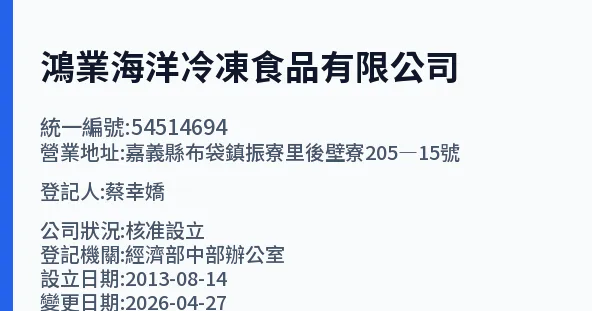 鴻業海洋冷凍食品有限公司的照片-統編 54514694(嘉義縣) 公司登記資料與營業項目詳細圖表