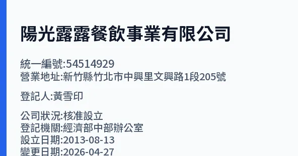 陽光露露餐飲事業有限公司的照片-統編 54514929(新竹縣) 公司登記資料與營業項目詳細圖表