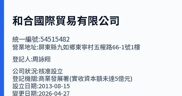 和合國際貿易有限公司的照片-統編 54515482(屏東縣) 公司登記資料與營業項目詳細圖表