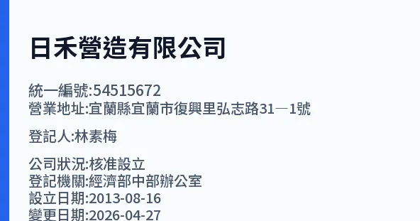 日禾營造有限公司的照片-統編 54515672(宜蘭縣) 公司登記資料與營業項目詳細圖表