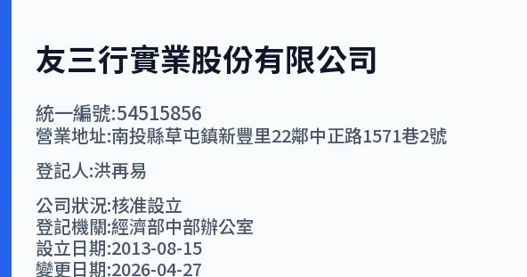 友三行實業股份有限公司的照片-統編 54515856(南投縣) 公司登記資料與營業項目詳細圖表