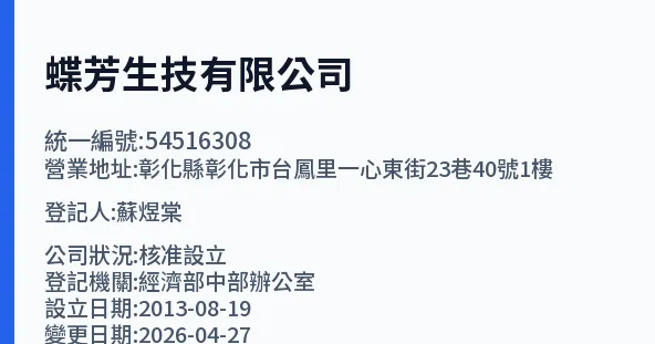 蝶芳生技有限公司的照片-統編 54516308(彰化縣) 公司登記資料與營業項目詳細圖表