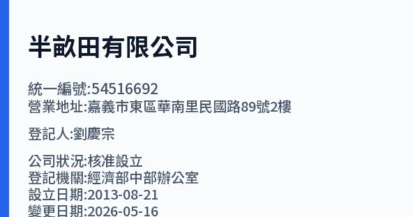 半畝田有限公司的照片-統編 54516692(嘉義市) 公司登記資料與營業項目詳細圖表