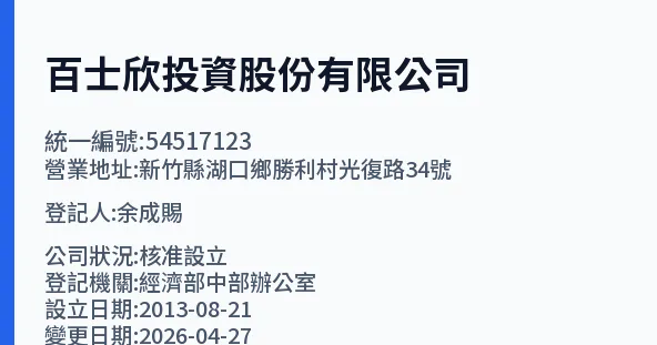 百士欣投資股份有限公司的照片-統編 54517123(新竹縣) 公司登記資料與營業項目詳細圖表