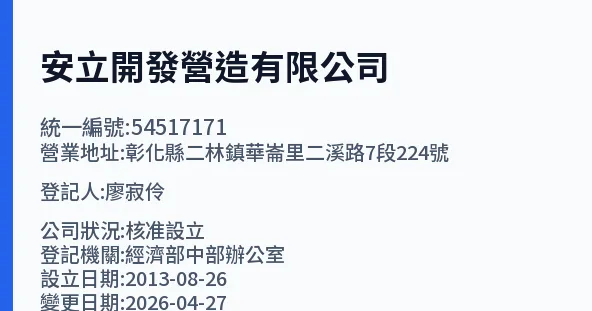 安立開發營造有限公司的照片-統編 54517171(彰化縣) 公司登記資料與營業項目詳細圖表