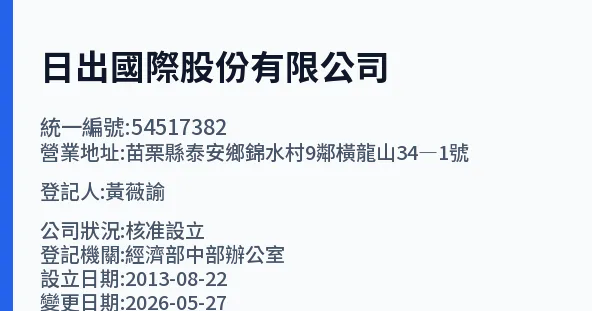 日出國際股份有限公司的照片-統編 54517382(苗栗縣) 公司登記資料與營業項目詳細圖表