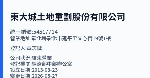 東大城土地重劃股份有限公司的照片-統編 54517714(彰化縣) 公司登記資料與營業項目詳細圖表