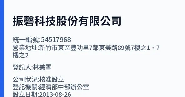 振磬科技股份有限公司的照片-統編 54517968(新竹市) 公司登記資料與營業項目詳細圖表