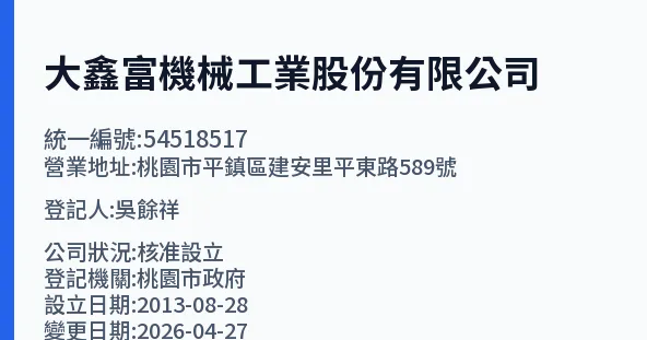 大鑫富機械工業股份有限公司的照片-統編 54518517(桃園市) 公司登記資料與營業項目詳細圖表
