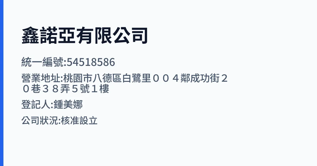 鑫諾亞有限公司 - 統編 54518586(桃園市) 公司登記資料與營業項目詳細圖表