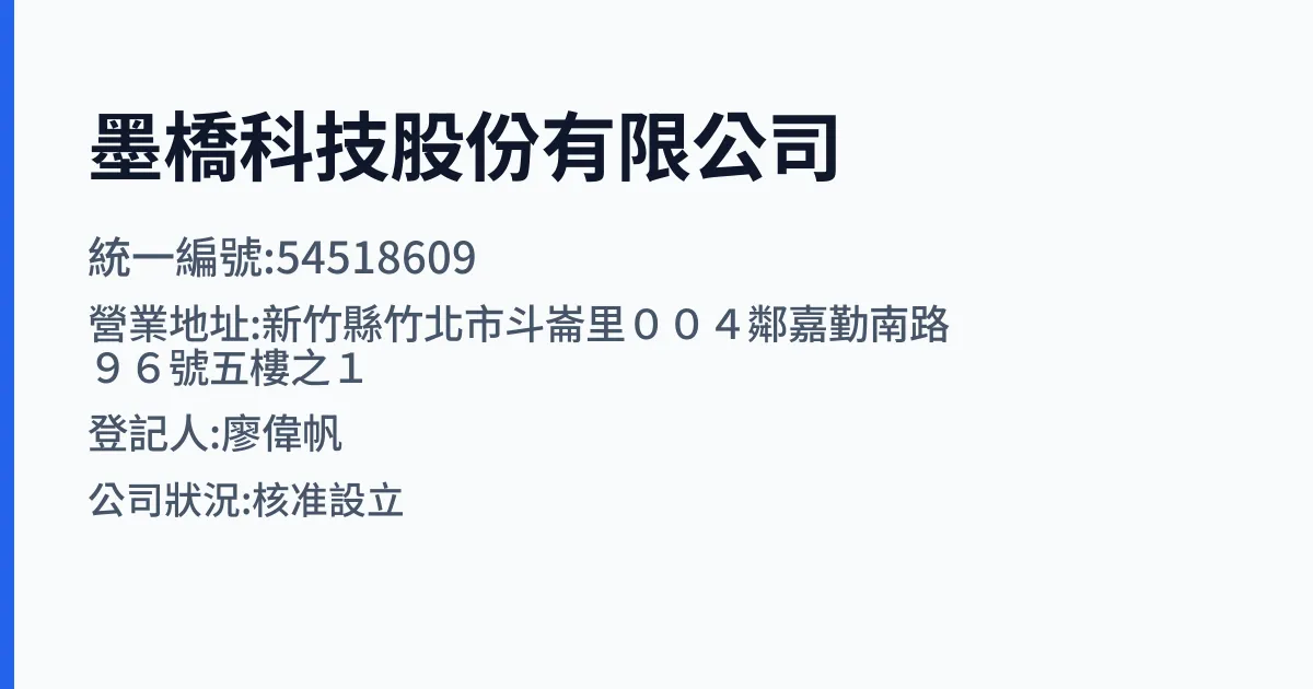 墨橋科技股份有限公司 - 統編 54518609(新竹縣) 公司登記資料與營業項目詳細圖表