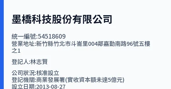 墨橋科技股份有限公司的照片-統編 54518609(新竹縣) 公司登記資料與營業項目詳細圖表