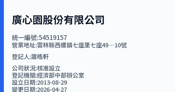 廣心園股份有限公司的照片-統編 54519157(雲林縣) 公司登記資料與營業項目詳細圖表