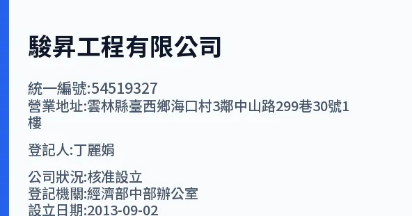 駿昇工程有限公司的照片-統編 54519327(雲林縣) 公司登記資料與營業項目詳細圖表