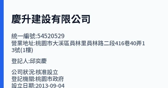 慶升建設有限公司的照片-統編 54520529(桃園市) 公司登記資料與營業項目詳細圖表