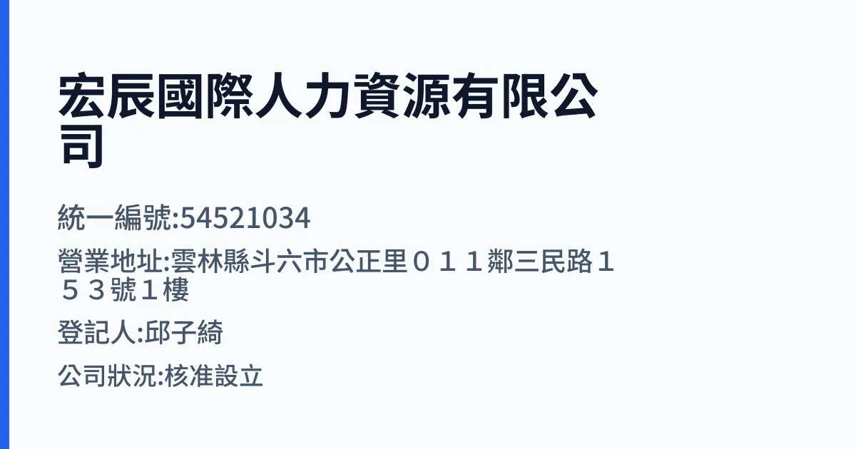 宏辰國際人力資源有限公司 - 統編 54521034（雲林縣） 公司登記資料與營業項目詳細圖表