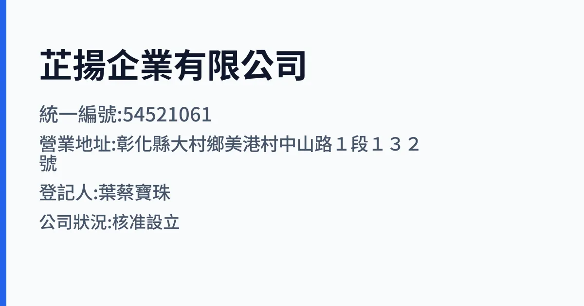 芷揚企業有限公司 - 統編 54521061(彰化縣) 公司登記資料與營業項目詳細圖表