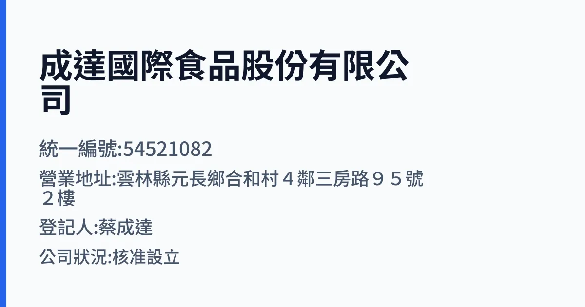 成達國際食品股份有限公司 - 統編 54521082(雲林縣) 公司登記資料與營業項目詳細圖表