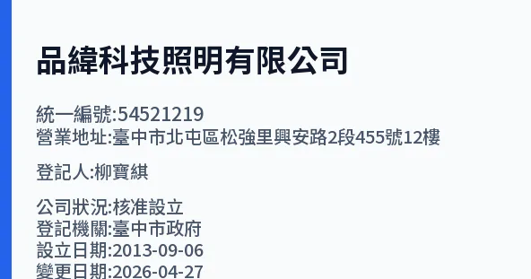 品緯科技照明有限公司的照片-統編 54521219(臺中市) 公司登記資料與營業項目詳細圖表
