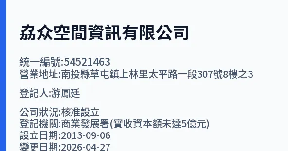 劦众空間資訊有限公司的照片-統編 54521463(南投縣) 公司登記資料與營業項目詳細圖表