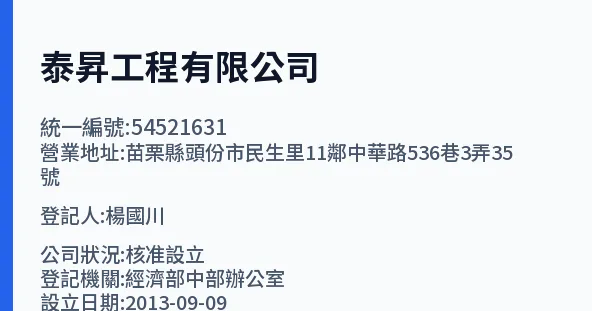 泰昇工程有限公司的照片-統編 54521631(苗栗縣) 公司登記資料與營業項目詳細圖表