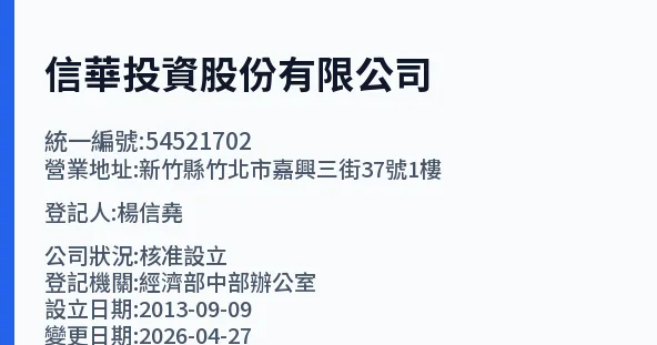 信華投資股份有限公司的照片-統編 54521702(新竹縣) 公司登記資料與營業項目詳細圖表