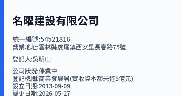 名曜建設有限公司的照片-統編 54521816(雲林縣) 公司登記資料與營業項目詳細圖表