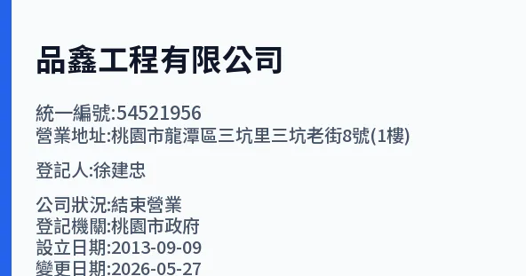 品鑫工程有限公司的照片-統編 54521956(桃園市) 公司登記資料與營業項目詳細圖表