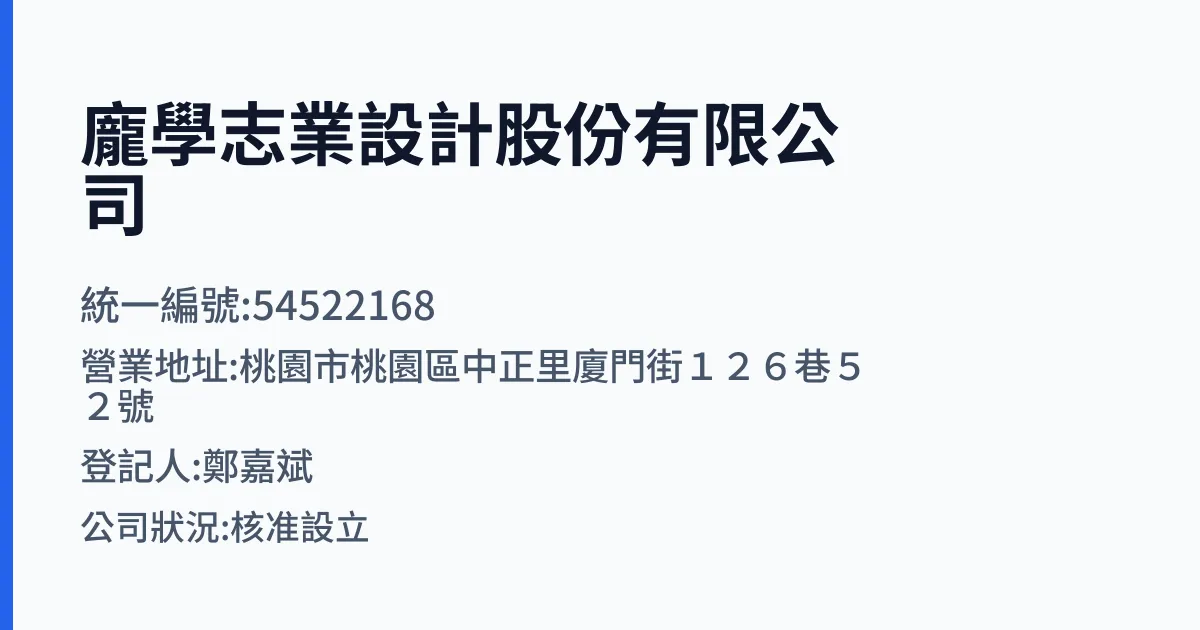 龐學志業設計股份有限公司 - 統編 54522168(桃園市) 公司登記資料與營業項目詳細圖表