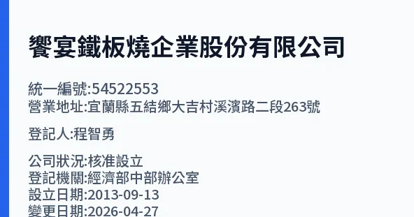 饗宴鐵板燒企業股份有限公司的照片-統編 54522553(宜蘭縣) 公司登記資料與營業項目詳細圖表