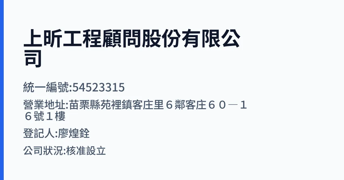 上昕工程顧問股份有限公司 - 統編 54523315(苗栗縣) 公司登記資料與營業項目詳細圖表
