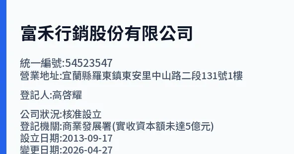 富禾行銷股份有限公司的照片-統編 54523547(宜蘭縣) 公司登記資料與營業項目詳細圖表